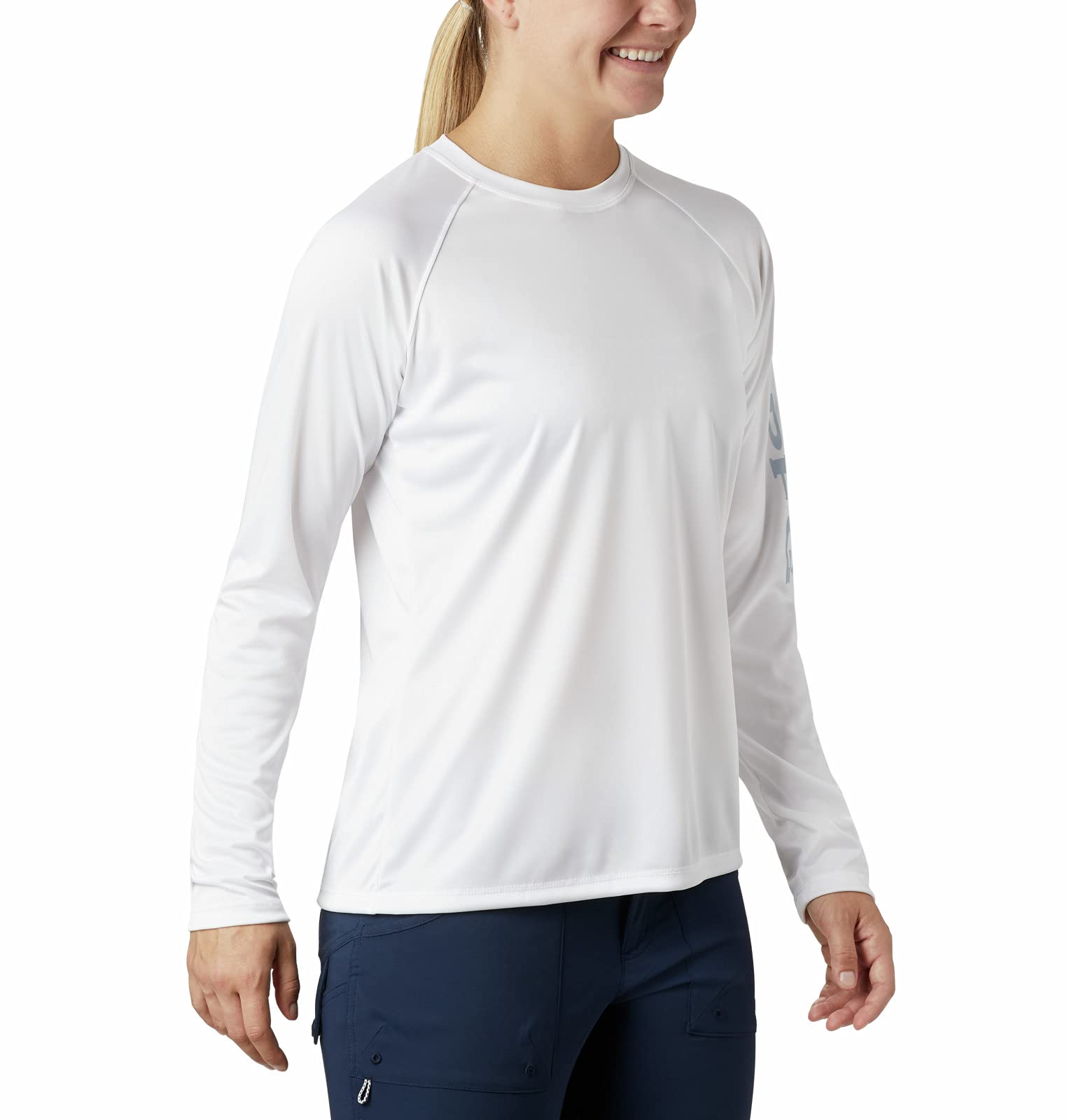 Columbia Women's Standard PFG Tidal Tee II Sun Protection Long Sleeve Shirt, White/Cirrus Grey Logo, Small