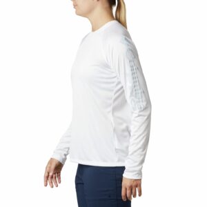 Columbia Women's Standard PFG Tidal Tee II Sun Protection Long Sleeve Shirt, White/Cirrus Grey Logo, Small