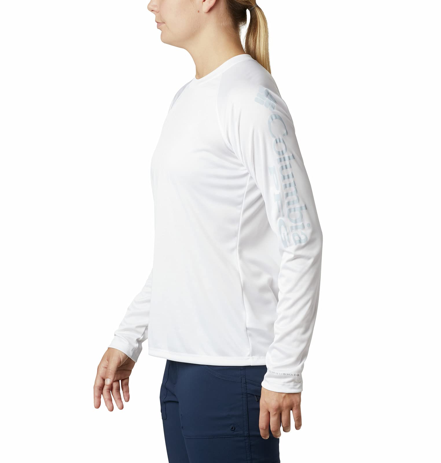 Columbia Women's Standard PFG Tidal Tee II Sun Protection Long Sleeve Shirt, White/Cirrus Grey Logo, Small