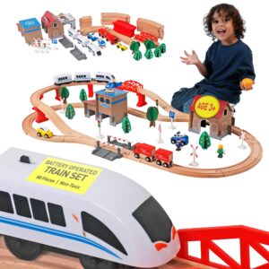 battery operated train set – wooden toys for kids and toddlers – train sets for boys 2-4 – premium quality wood fits thomas brio – fun & entertaining – train tracks for kids