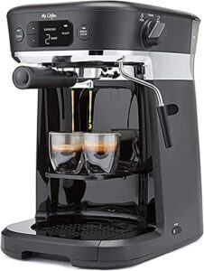 mr. coffee all-in-one occasions specialty pods coffee maker, 10-cup thermal carafe, and espresso with milk frother and storage tray, black