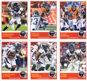 2019 panini score football veteran denver broncos team set of 10 cards: case keenum(#12), phillip lindsay(#13), emmanuel sanders(#14), todd davis(#15), royce freeman(#16), courtland sutton(#17), jeff heuerman(#18), bradley chubb(#19), von miller(#20), chr