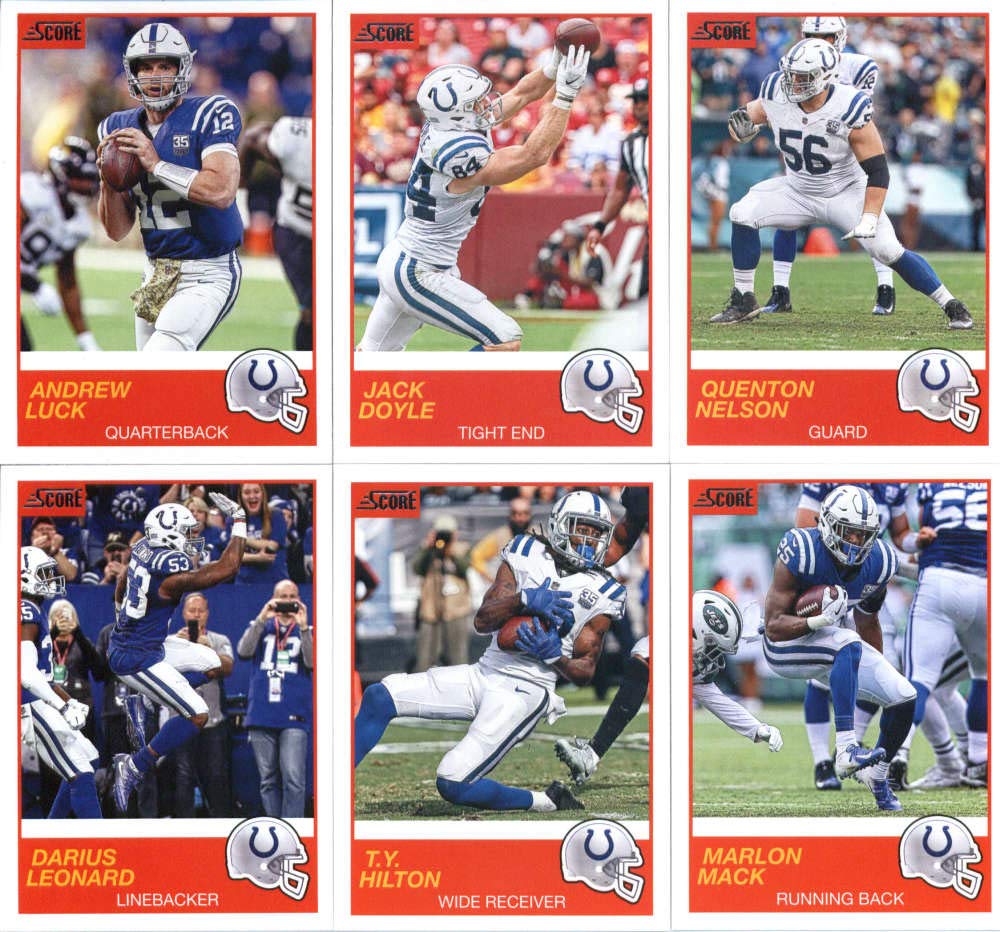 2019 Panini Score Football Veteran Indianapolis Colts Team Set of 12 Cards: Andrew Luck(#52), Marlon Mack(#53), T.Y. Hilton(#54), Darius Leonard(#55), Jordan Wilkins(#56), Nyheim Hines(#57), Eric Ebron(#58), Chester Rogers(#59), Adam Vinatieri(#60), Jabaa