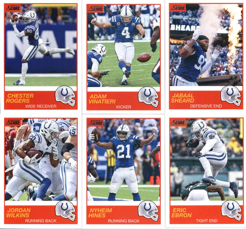 2019 Panini Score Football Veteran Indianapolis Colts Team Set of 12 Cards: Andrew Luck(#52), Marlon Mack(#53), T.Y. Hilton(#54), Darius Leonard(#55), Jordan Wilkins(#56), Nyheim Hines(#57), Eric Ebron(#58), Chester Rogers(#59), Adam Vinatieri(#60), Jabaa