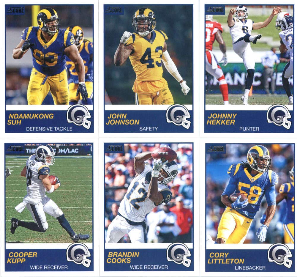 2019 Panini Score Football Veteran Los Angeles Rams Team Set of 13 Cards: Jared Goff(#293), Marcus Peters(#294), Aaron Donald(#295), Todd Gurley II(#296), Cooper Kupp(#297), Robert Woods(#298), Brandin Cooks(#299), Cory Littleton(#300), Johnny Hekker(#301