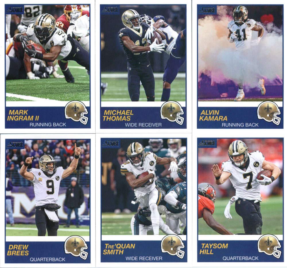 2019 Panini Score Football Veteran New Orleans Saints Team Set of 10 Cards: Drew Brees(#263), Alvin Kamara(#264), Michael Thomas(#265), Mark Ingram II(#266), Taysom Hill(#267), Tre'Quan Smith(#268), Cameron Jordan(#269), Marcus Davenport(#270), Sheldon Ra