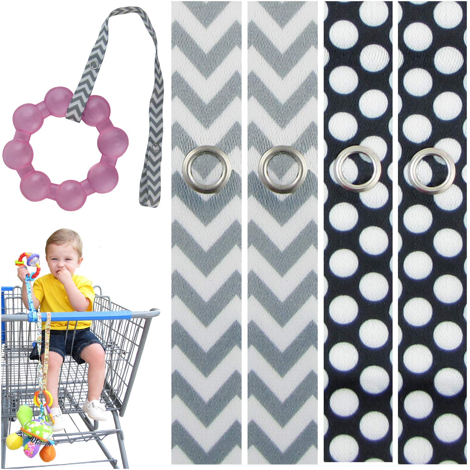 PBnJ baby Toy Saver Strap Holder Leash Secure Accessories Gray Chevron/White Dots - 4pc