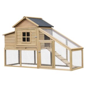 pawhut 69" wooden chicken coop, poultry cage hen house with connecting ramp, removable tray, ventilated window and nesting box, natural