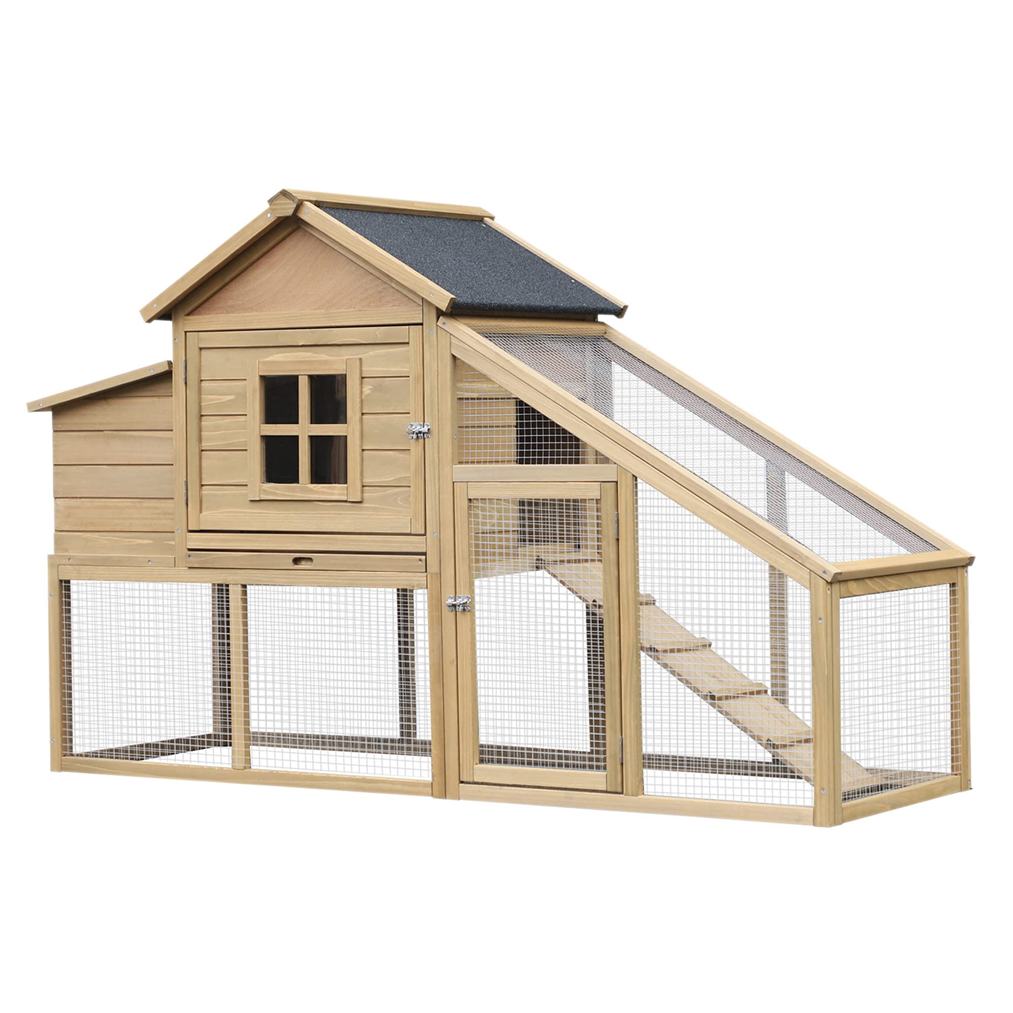 PawHut 69" Wooden Chicken Coop, Poultry Cage Hen House with Connecting Ramp, Removable Tray, Ventilated Window and Nesting Box, Natural