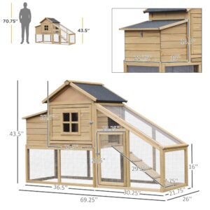 PawHut 69" Wooden Chicken Coop, Poultry Cage Hen House with Connecting Ramp, Removable Tray, Ventilated Window and Nesting Box, Natural