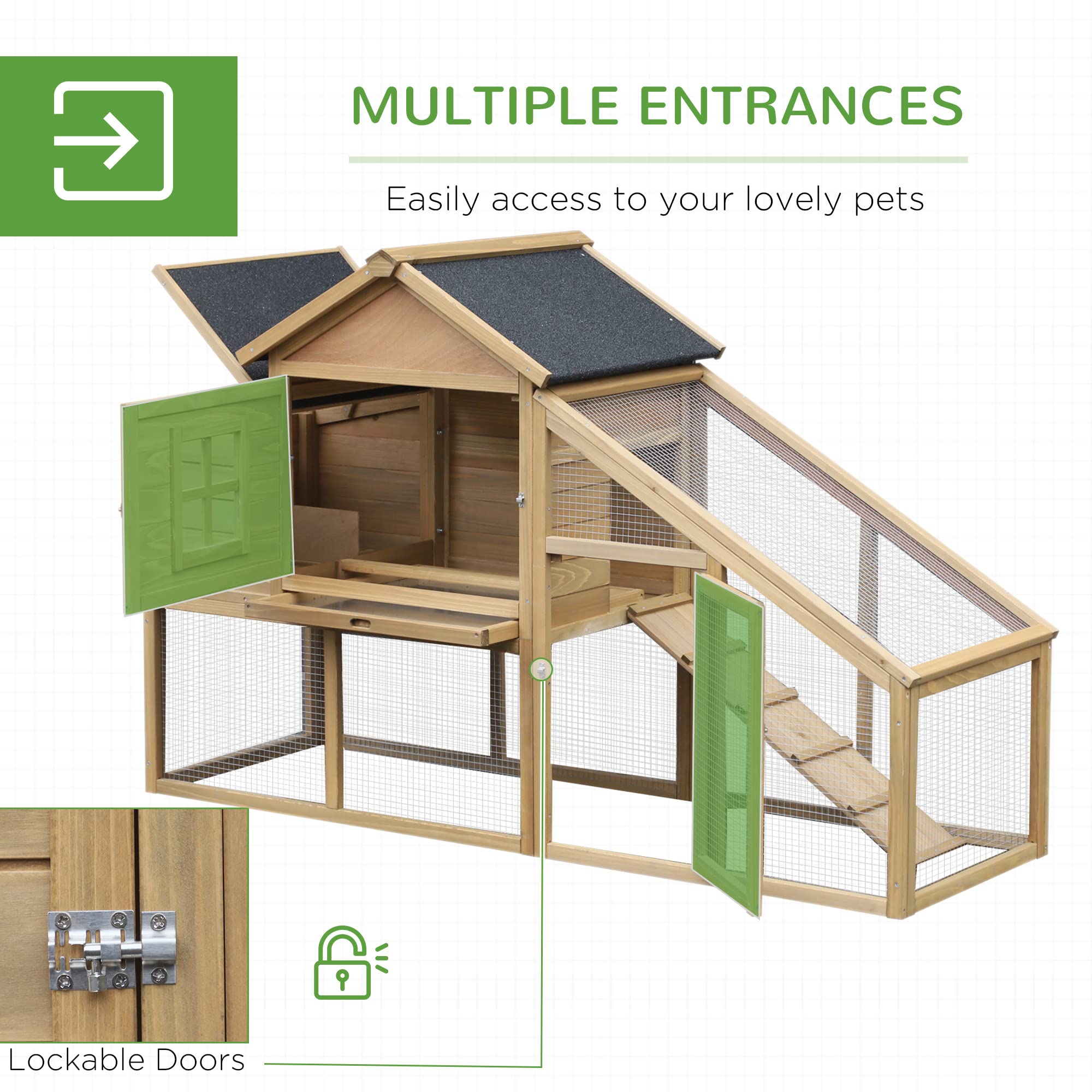 PawHut 69" Wooden Chicken Coop, Poultry Cage Hen House with Connecting Ramp, Removable Tray, Ventilated Window and Nesting Box, Natural