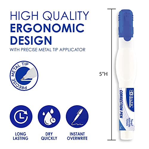 BAZIC Correction Pen, Precise Metal Tip Applicator, Fine Point Corrections Fluid, White Out Wipe Out Liquid (2/Pack), 1-Pack