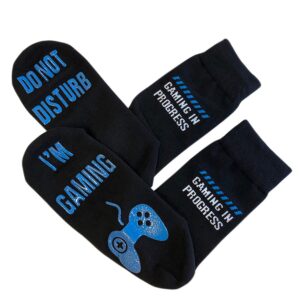 ''do not disturb i'm gaming" funny socks - great novelty gift for teen boys sons men husbands boyfriends women gamers who have everything! (full length lounge socks) black