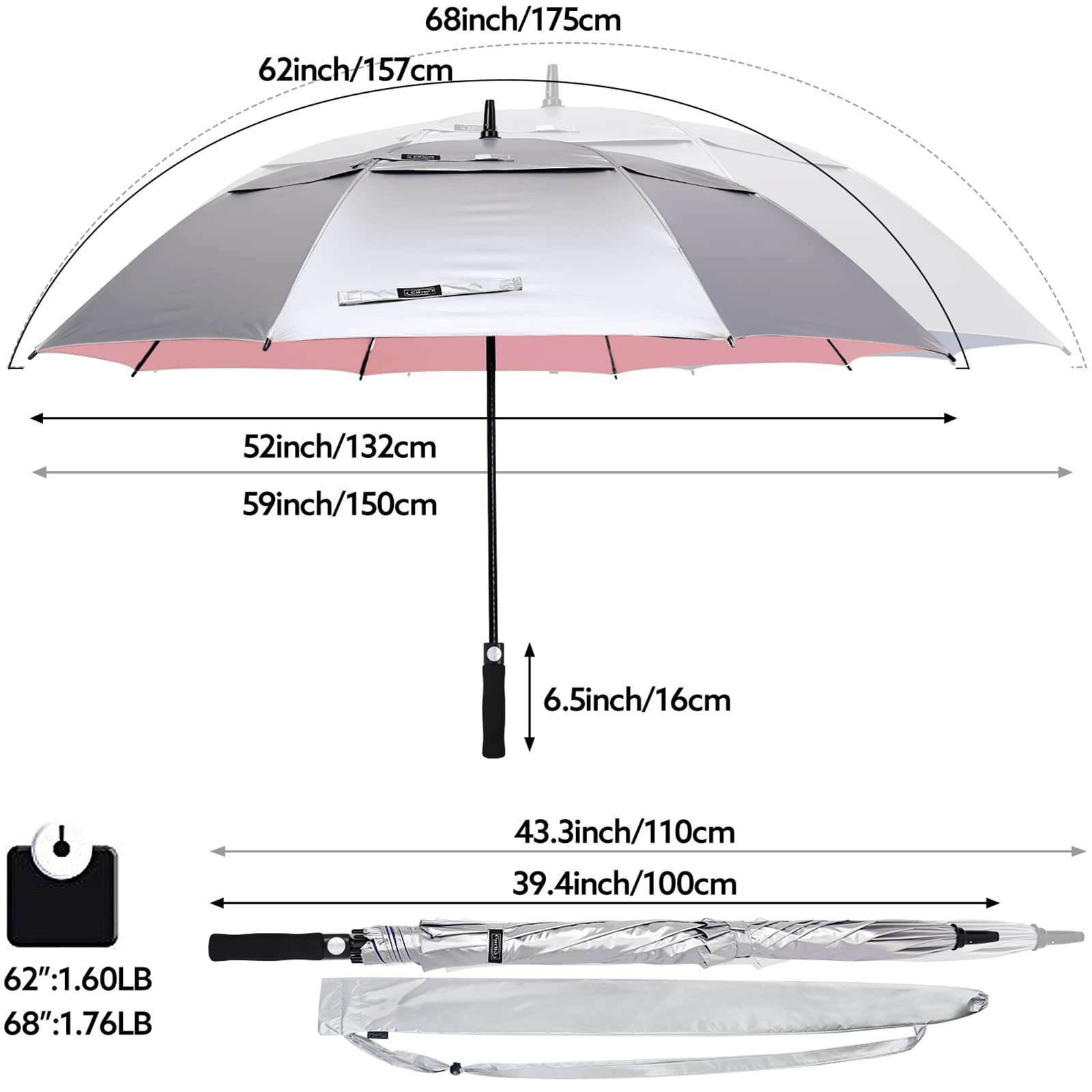 G4Free 62 Inch UV Protection Golf Umbrella Extra Large Windproof Sun and Rain Umbrellas Auto Open Double Canopy