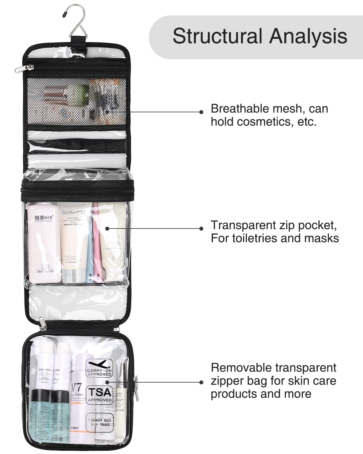 Relavel Hanging Toiletry Bag TSA Approved Clear Toiletry Bag for Women and Men 2 in 1 Removable TSA Liquids Travel Bag Waterproof Carry On Airline 3-1-1 Compliant Bag Quart Sized Luggage Pouch (Clear)