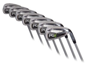 pgx single length iron set, 5-pw + aw (7 clubs), silver and black