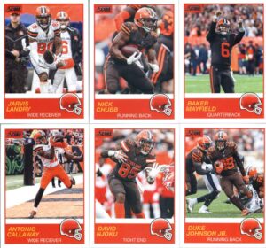 2019 panini score football veteran cleveland browns team set of 10 cards: baker mayfield(#102), nick chubb(#103), jarvis landry(#104), duke johnson jr.(#105), david njoku(#106), antonio callaway(#107), denzel ward(#108), myles garrett(#109), jabrill peppe