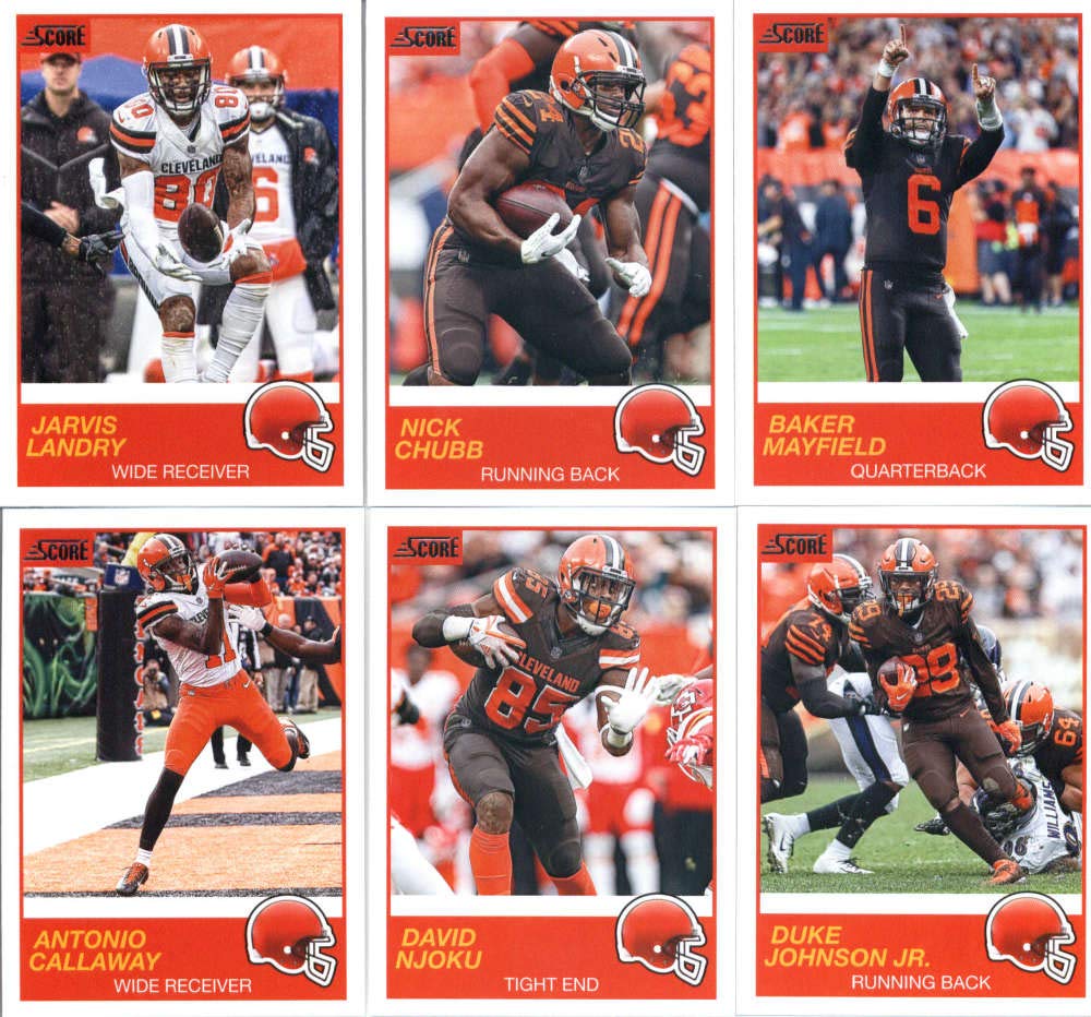 2019 Panini Score Football Veteran Cleveland Browns Team Set of 10 Cards: Baker Mayfield(#102), Nick Chubb(#103), Jarvis Landry(#104), Duke Johnson Jr.(#105), David Njoku(#106), Antonio Callaway(#107), Denzel Ward(#108), Myles Garrett(#109), Jabrill Peppe