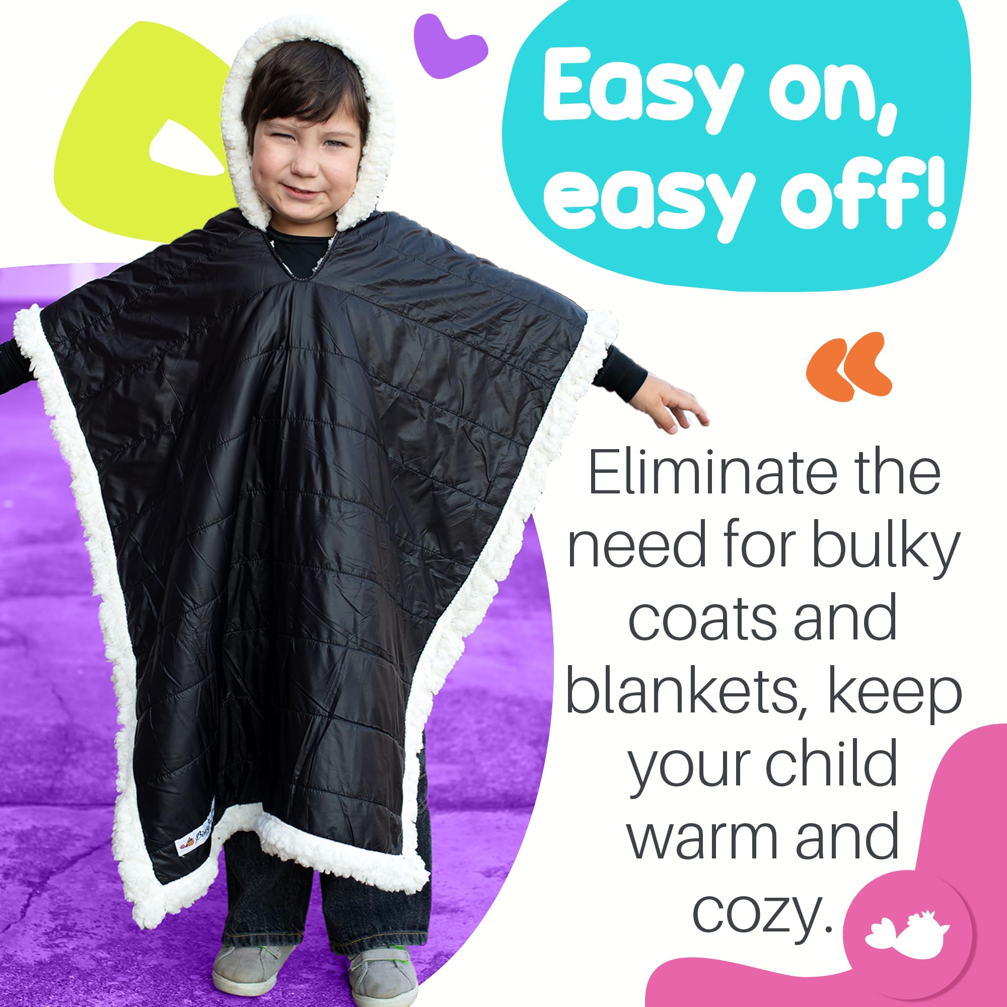 Birdy Boutique Car Seat Poncho for Kids – Safe to Use Over Seat Belts – Reversible Warm and Cozy Blanket – Easy on Easy Off and Doesn’t Impact Car Seat Performance – Black – One Size