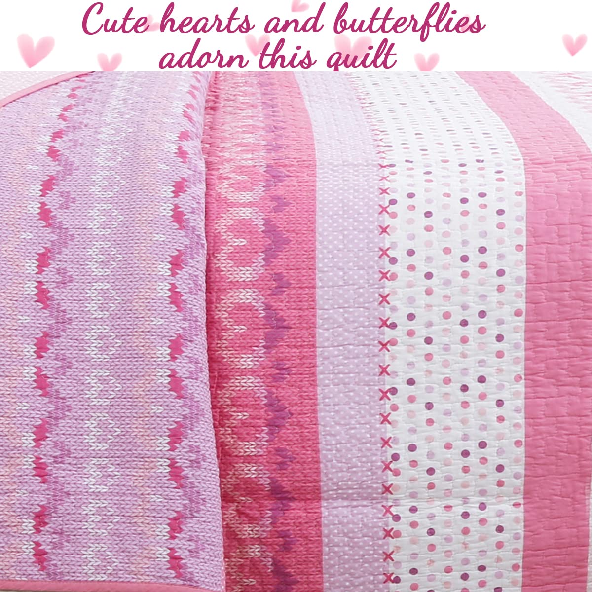 Cozy Line Home Fashions Cute Pink Butterfly Stripe Hearts 100% Cotton Soft Bedding Quilt Set, Coverlet, Bedspread (Twin - 2 Piece)