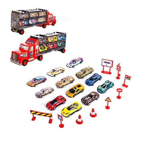 Tuko Car Toys Die Cast Carrier Truck Vehicles Toy for 3-12 Years Old Boy Girl Toy Gift(Includes 6 Alloy Cars,3 Animal Cars,3 Number Cars and Traffic Accessories)(Red)