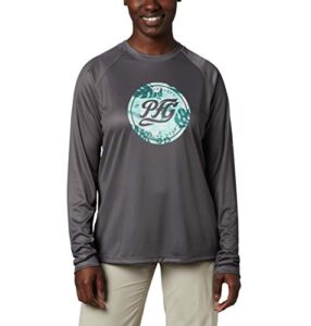 columbia women's tidal tee pfg printed medallion long sleeve shirt, city grey/new mint, 2x