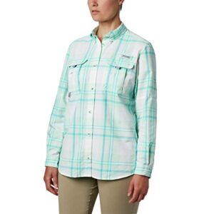 columbia women's super bahama long sleeve shirt, light mint plaid, 2x