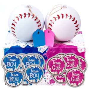 gender reveal baseball set - 2 balls - pink and blue exploding gender reveal ball with powder plus 20 pink & blue baby gender voting stickers & baseball or bows party supplies decorations baby reveal