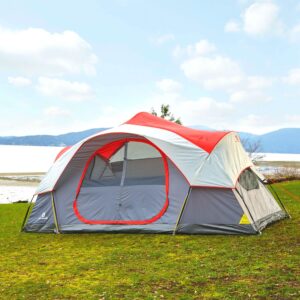 Outbound 8 Person 3 Season Lightweight Easy Set Up Dome Camping Tent with Room Divider, Heavy Duty Rainfly, Tent Stakes, and Carrying Bag, Red/Gray