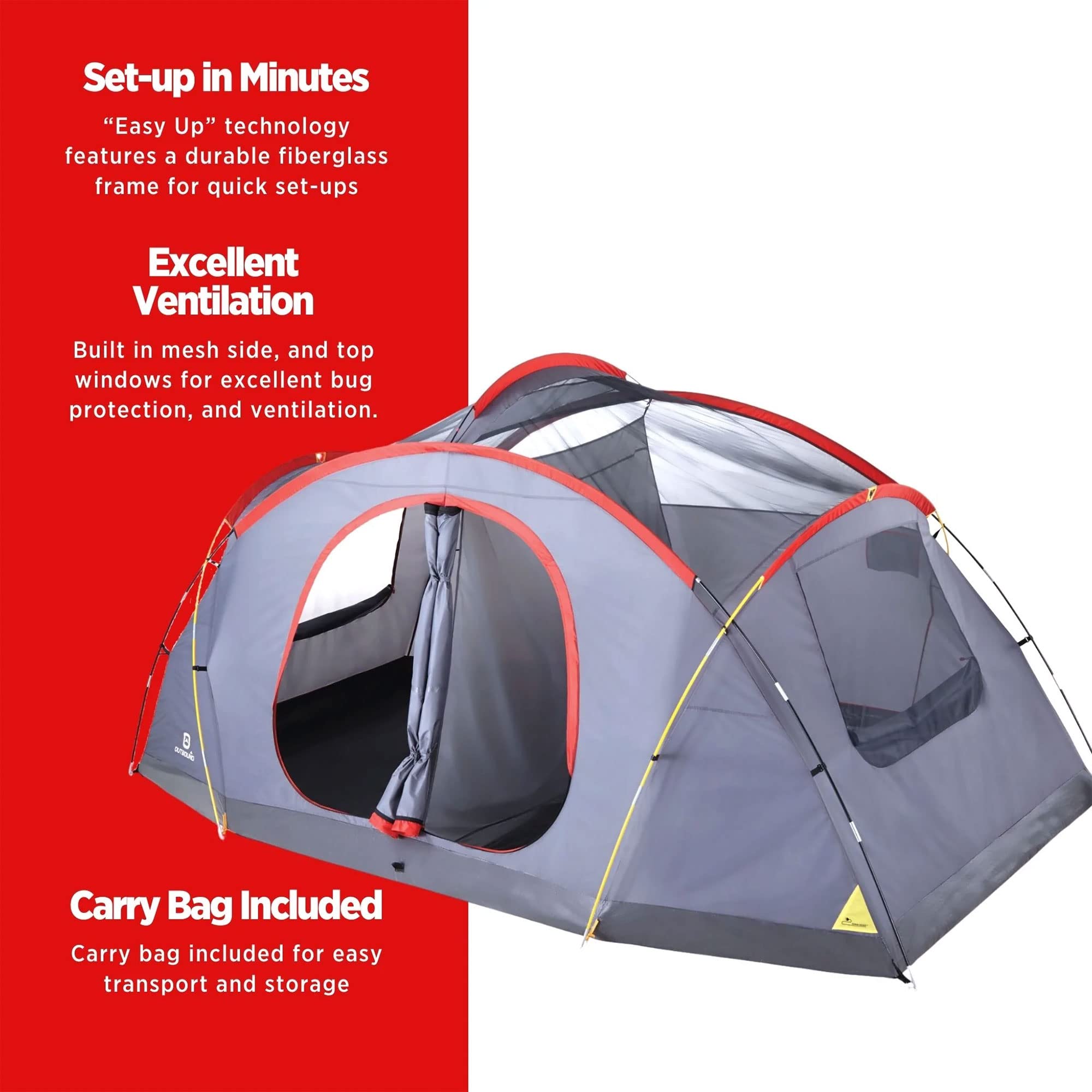 Outbound 8 Person 3 Season Lightweight Easy Set Up Dome Camping Tent with Room Divider, Heavy Duty Rainfly, Tent Stakes, and Carrying Bag, Red/Gray