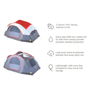 Outbound 8 Person 3 Season Lightweight Easy Set Up Dome Camping Tent with Room Divider, Heavy Duty Rainfly, Tent Stakes, and Carrying Bag, Red/Gray