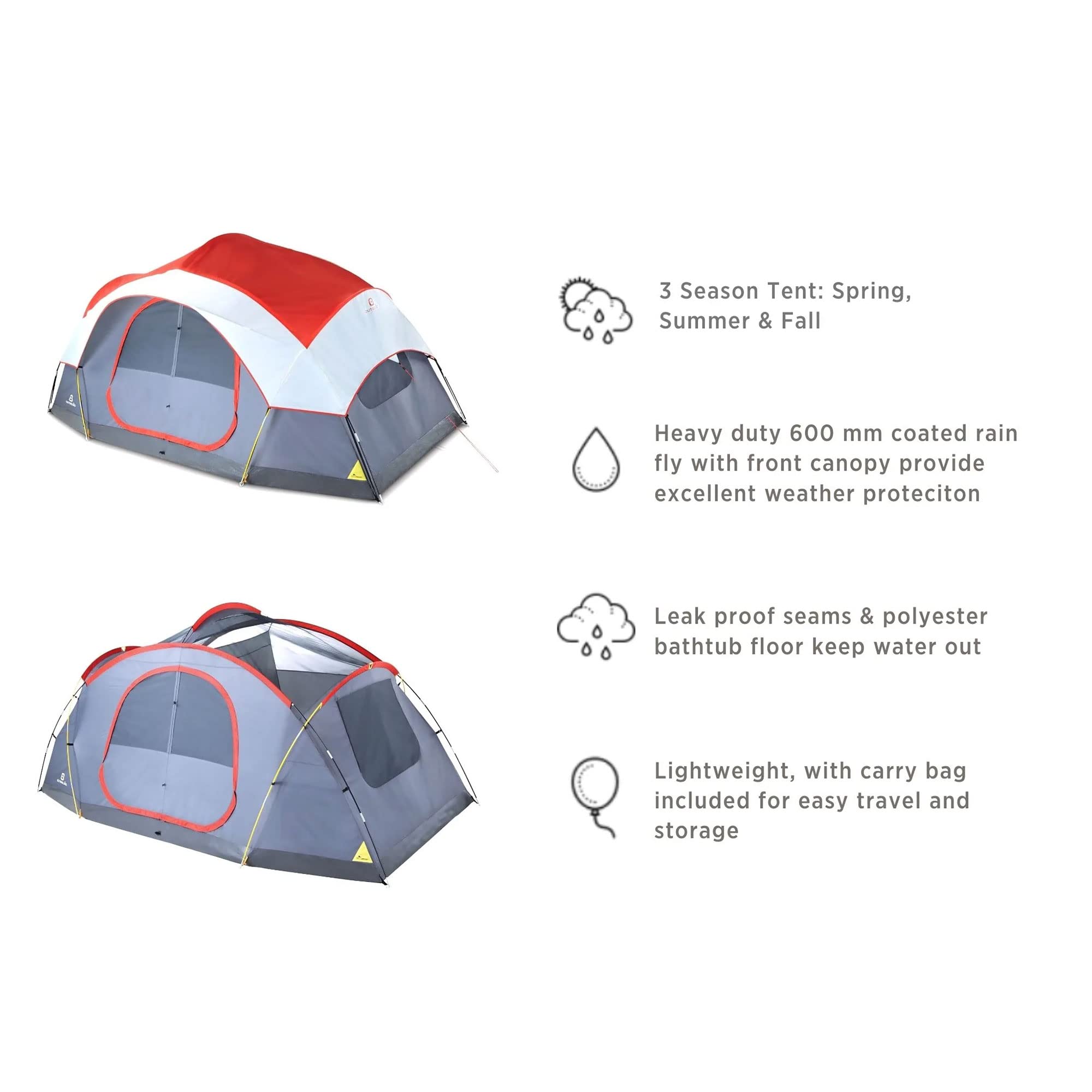 Outbound 8 Person 3 Season Lightweight Easy Set Up Dome Camping Tent with Room Divider, Heavy Duty Rainfly, Tent Stakes, and Carrying Bag, Red/Gray