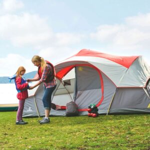 Outbound 8 Person 3 Season Lightweight Easy Set Up Dome Camping Tent with Room Divider, Heavy Duty Rainfly, Tent Stakes, and Carrying Bag, Red/Gray