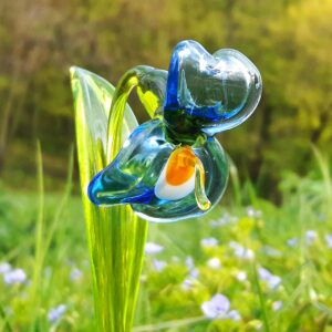 Glass Violet Flowers Figurine Blown Flower Sculpture Art Glass Flower Murano Blue Garden Flower Miniatures Figure Ornaments Flowers Gift for Girl