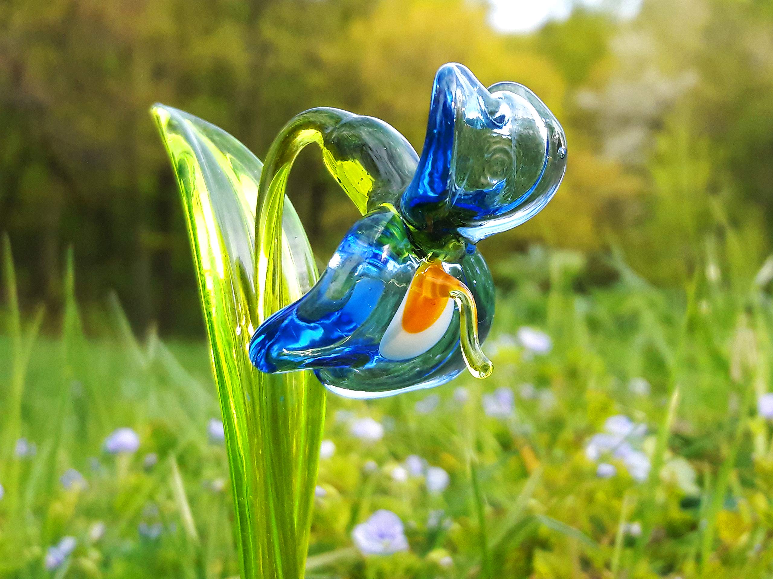 Glass Violet Flowers Figurine Blown Flower Sculpture Art Glass Flower Murano Blue Garden Flower Miniatures Figure Ornaments Flowers Gift for Girl