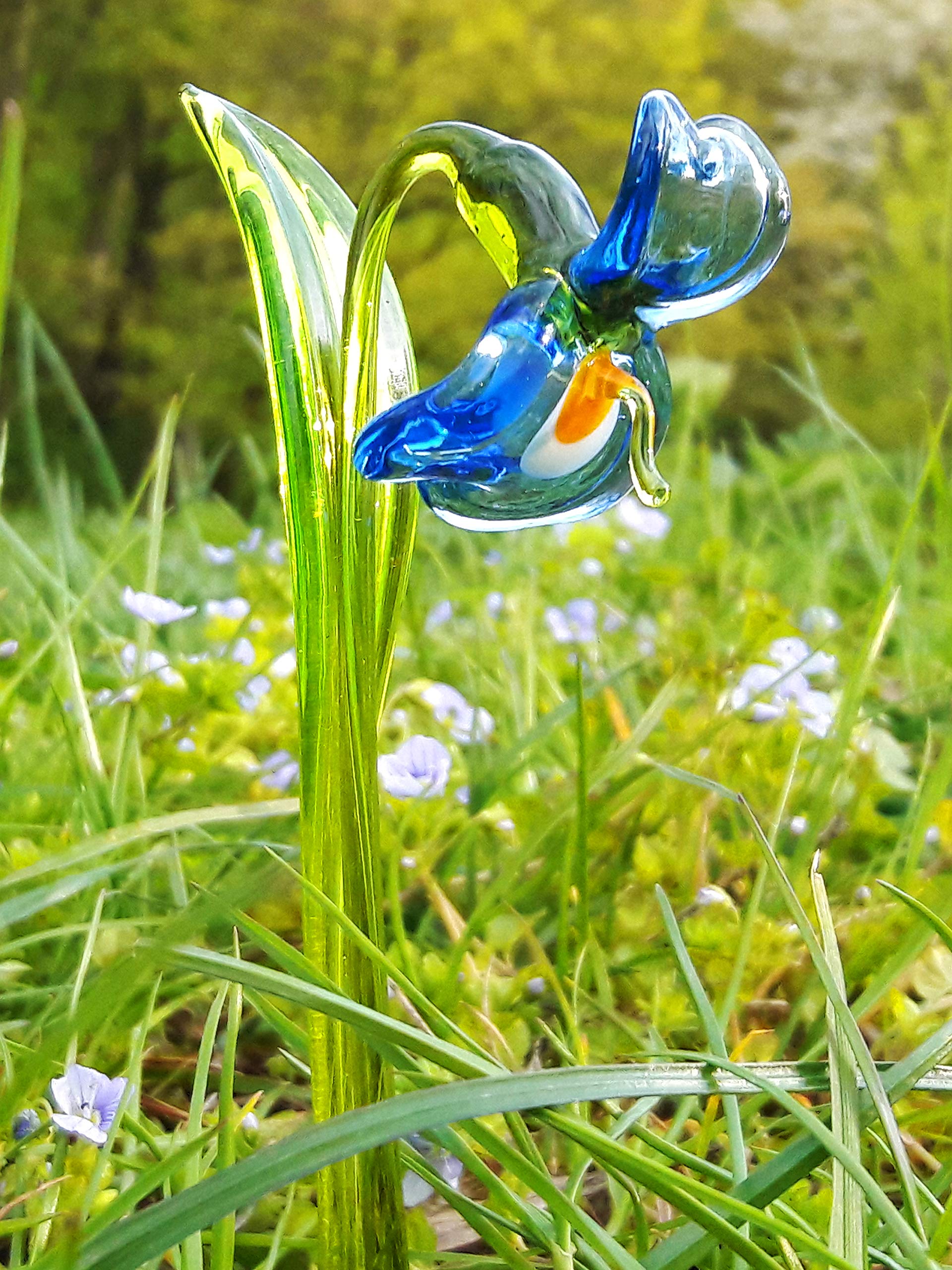 Glass Violet Flowers Figurine Blown Flower Sculpture Art Glass Flower Murano Blue Garden Flower Miniatures Figure Ornaments Flowers Gift for Girl