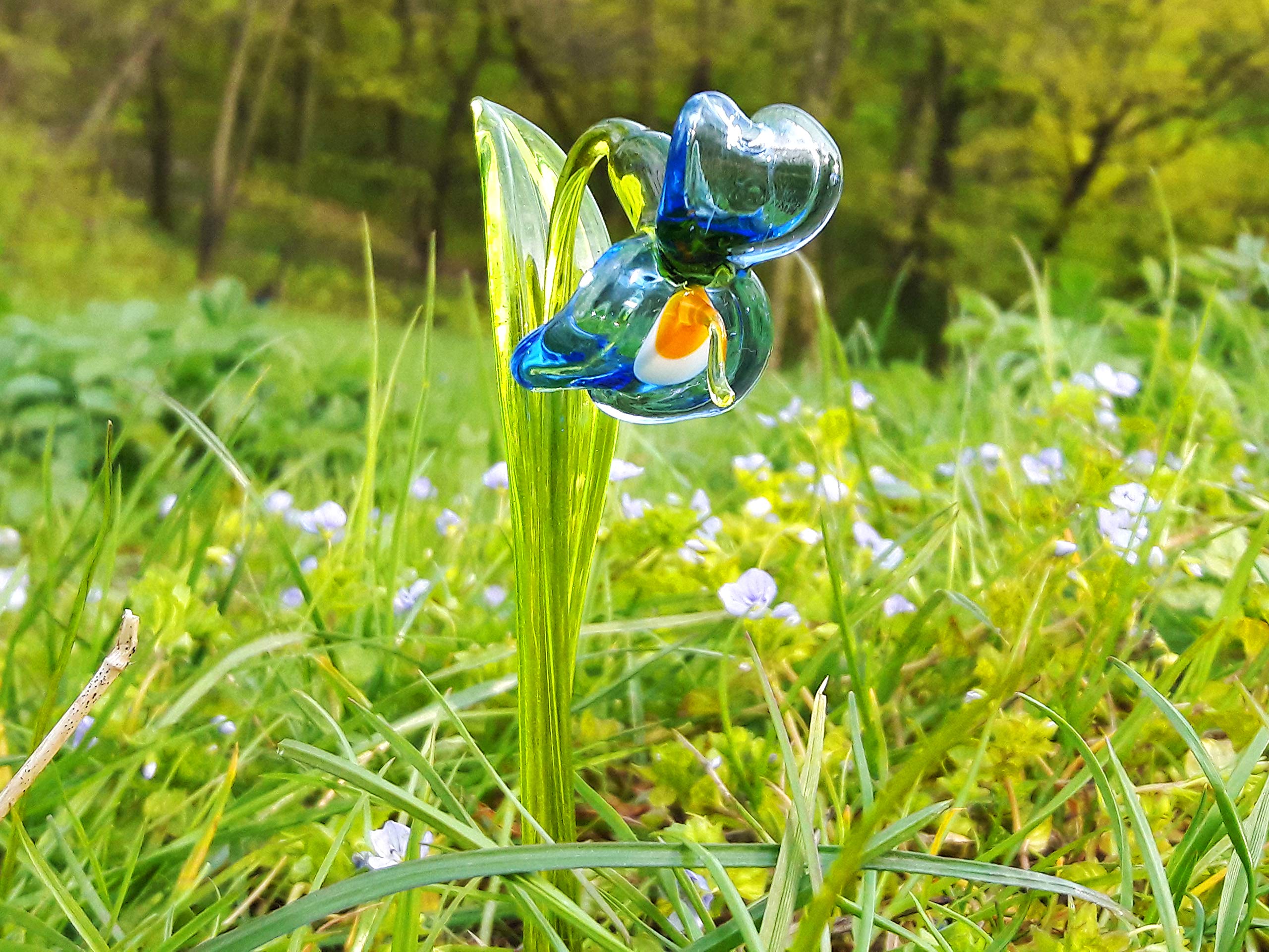 Glass Violet Flowers Figurine Blown Flower Sculpture Art Glass Flower Murano Blue Garden Flower Miniatures Figure Ornaments Flowers Gift for Girl