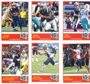 2019 panini score football veteran new england patriots team set of 10 cards: tom brady(#142), sony michel(#143), james white(#144), kyle van noy(#145), julian edelman(#146), cordarrelle patterson(#147), rob gronkowski(#148), stephen gostkowski(#149), jos