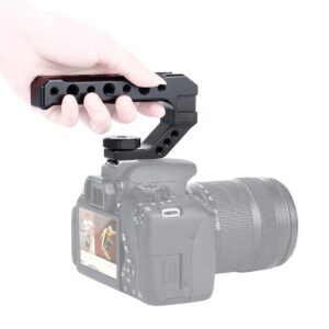 r005 camera top handle camera top cheese handle grip universal video stabilizing rig w 3 cold shoe adapters to mount microphone, led light, monitor, easy low angle shoots metal