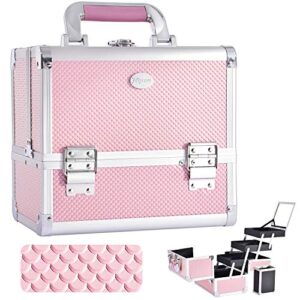 joligrace makeup train case cosmetic box 10 inches jewelry organizer professional 3 tiers trays with mirror and brush holder lockable key portable travel mermaid pink