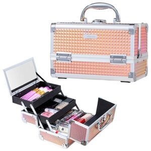 joligrace makeup box cosmetic train case jewelry organizer lockable with keys and mirror 2-tier tray portable carrying with handle travel storage box