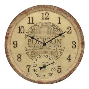 taylor bourbon barrel poly resin indoor and outdoor clock and thermometer, 14 inch, multi-color