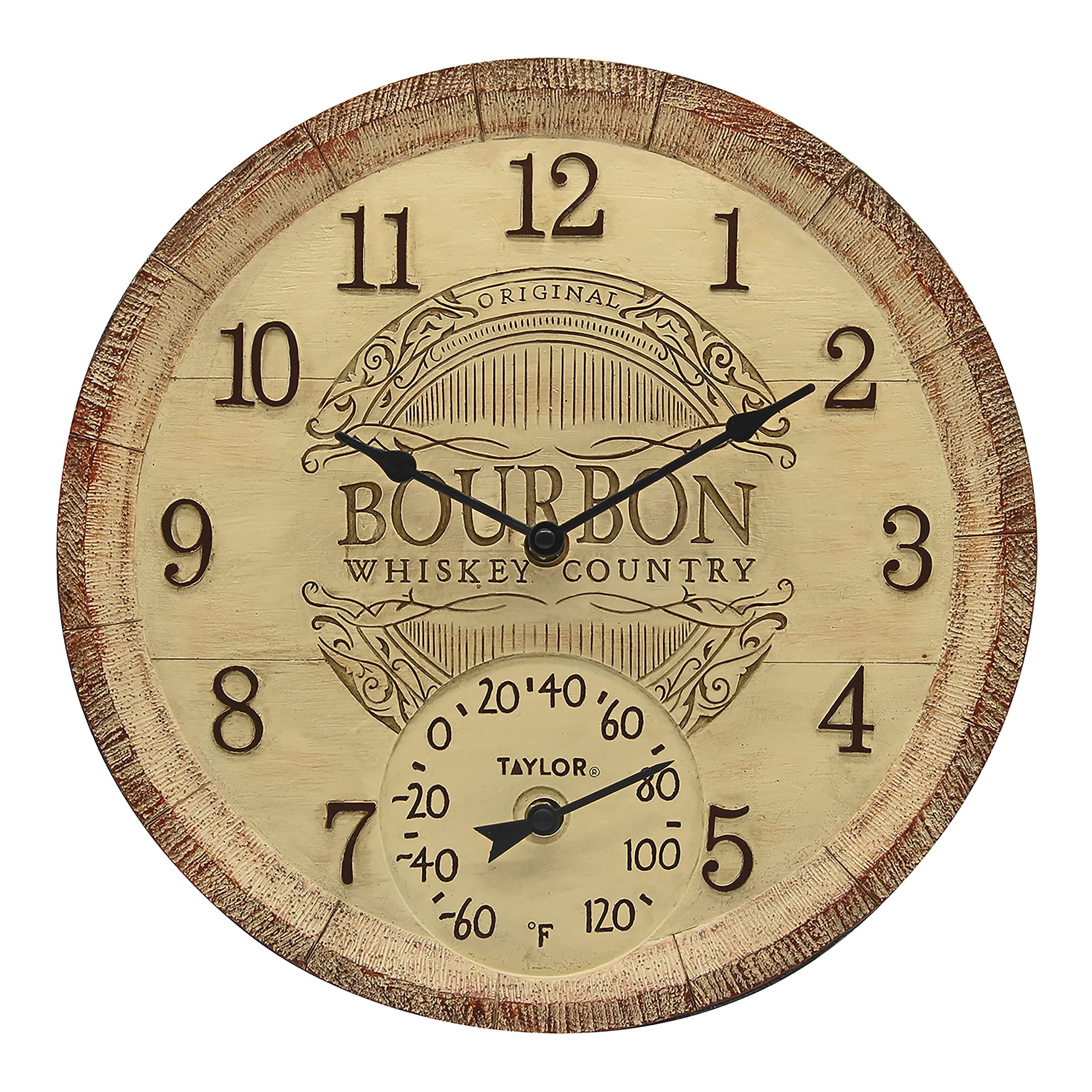 Taylor Bourbon Barrel Poly Resin Indoor and Outdoor Clock and Thermometer, 14 Inch, Multi-Color