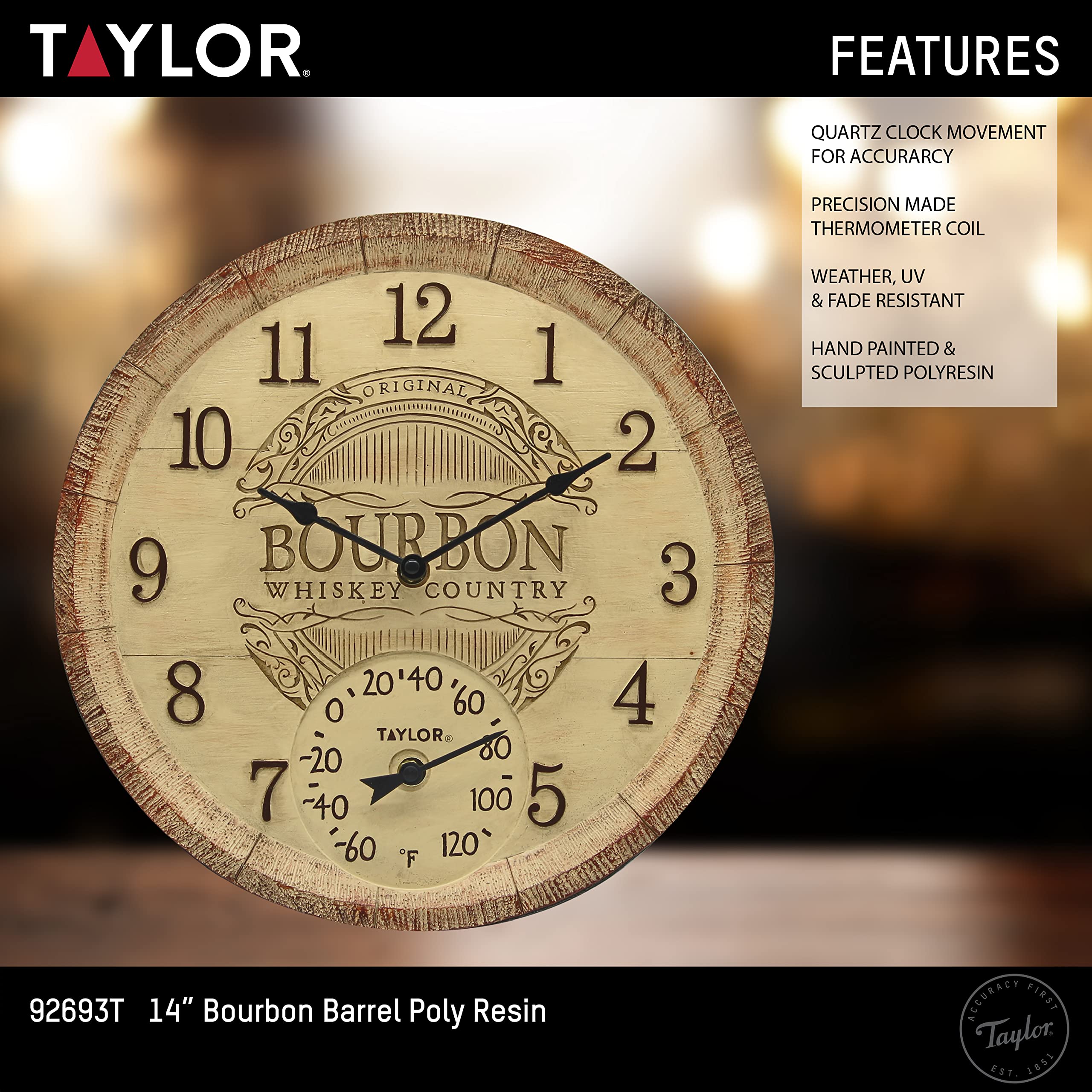 Taylor Bourbon Barrel Poly Resin Indoor and Outdoor Clock and Thermometer, 14 Inch, Multi-Color