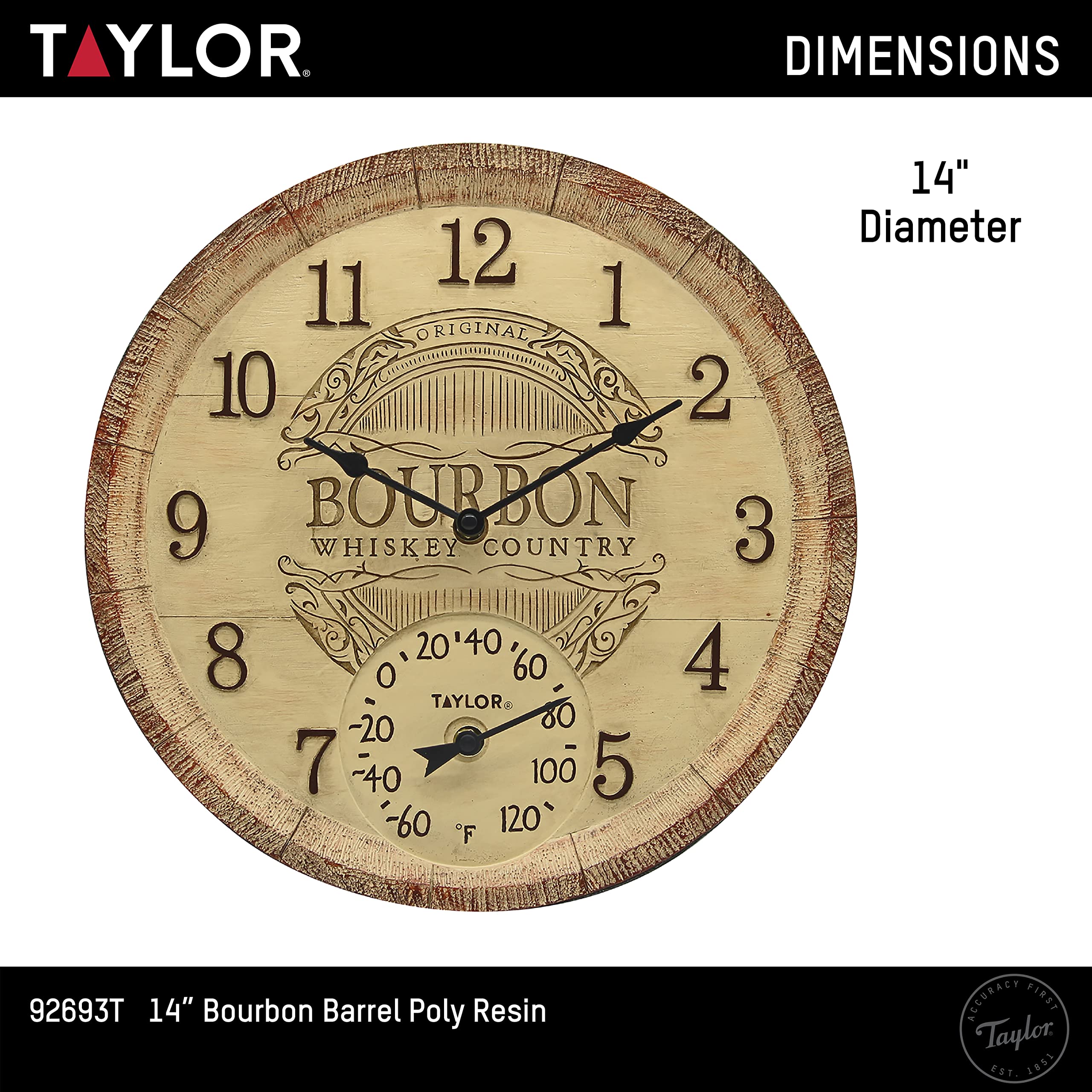 Taylor Bourbon Barrel Poly Resin Indoor and Outdoor Clock and Thermometer, 14 Inch, Multi-Color