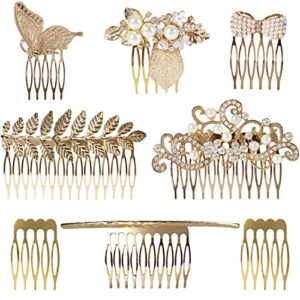 lawie 8 pack large gold crystal pearl rhinestone metal hair side combs clip with teeth grip clasp barrettes pins for women bridal wedding veil decorative headpiece french twist vintage accessories