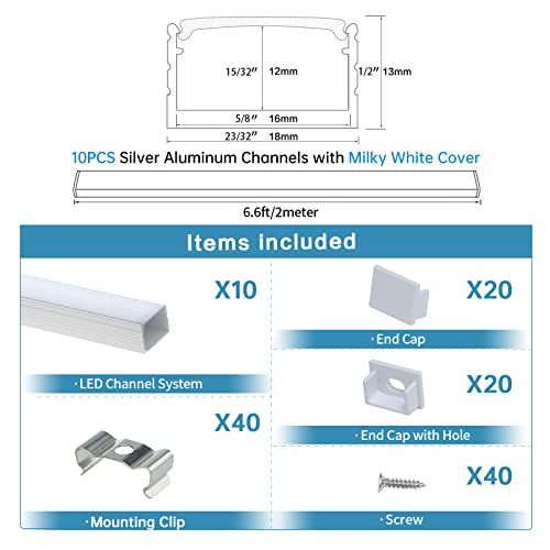 Muzata 10Pack 6.6FT/2M Plus-Size LED Channel System for Waterproof LED Strip up to 16mm Width Silver LED Strip Channel 18x13mm Spotless Milky White Cover U103 WW