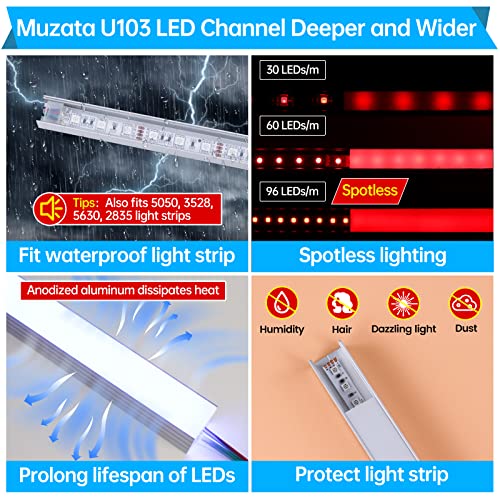 Muzata 10Pack 6.6FT/2M Plus-Size LED Channel System for Waterproof LED Strip up to 16mm Width Silver LED Strip Channel 18x13mm Spotless Milky White Cover U103 WW