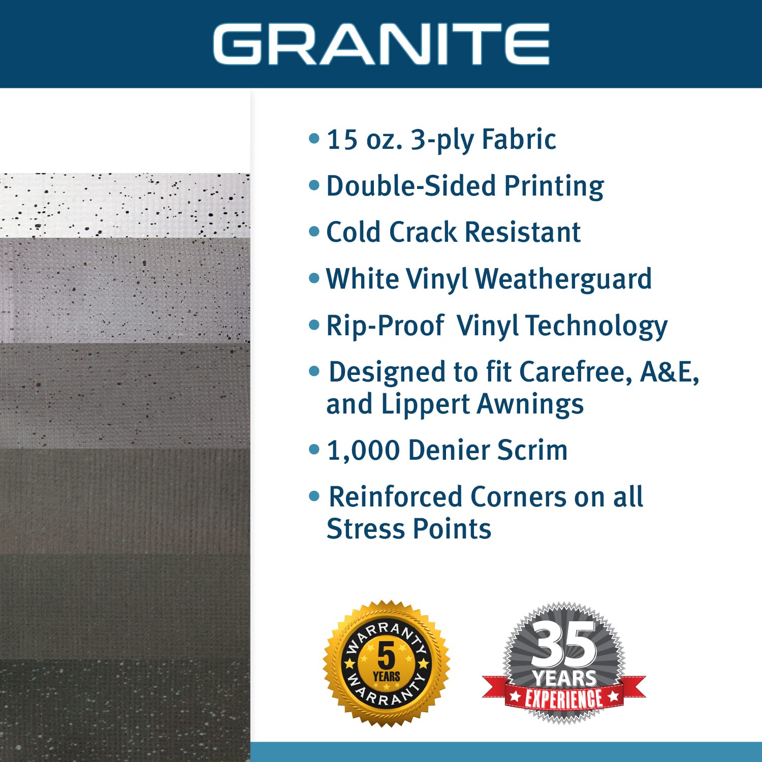 ShadePro - RV Awning Fabric Replacement - Heavy Duty Weatherproof Vinyl - Universal Outdoor Canopy for Camper, Trailer, and Motorhome Awnings - Granite - 16' (Fabric 15' 2")