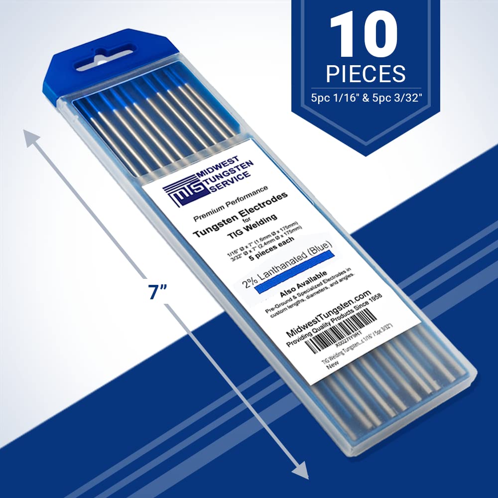 Midwest Tungsten Service TIG Welding Tungsten Electrodes 10-Pack (Blue - 2% Lanthanated (WL20/EWLa-2), 5pc 1/16" & 5pc 3/32")